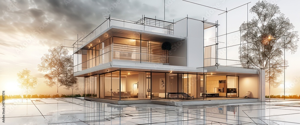 Rendu 3D d'une maison moderne en arrière-plan, plans de construction en ...