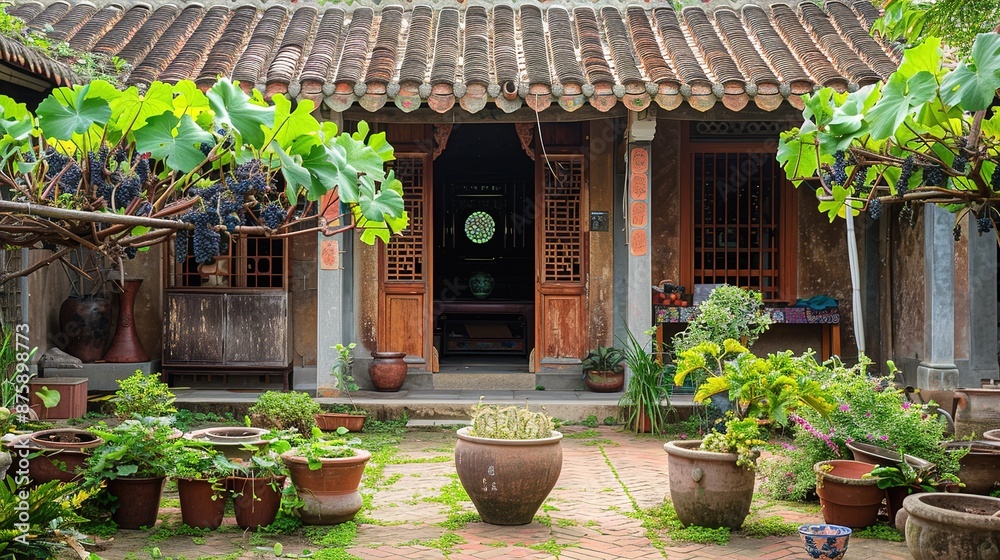 Courtyard of a Traditional Chinese House with Potted Plants and ...