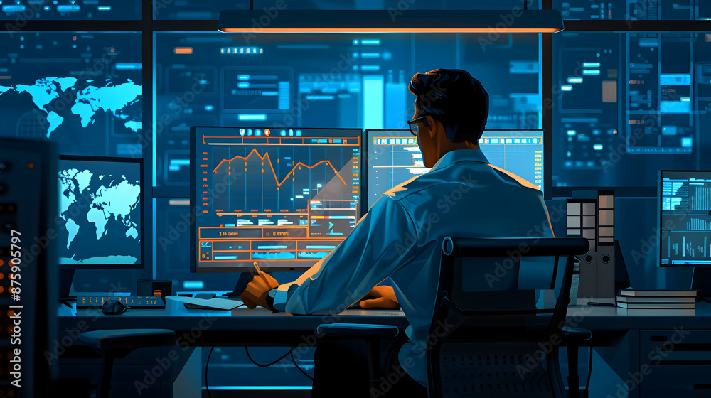 ภาพประกอบสต็อก Risk Management: An American risk analyst in a modern ...