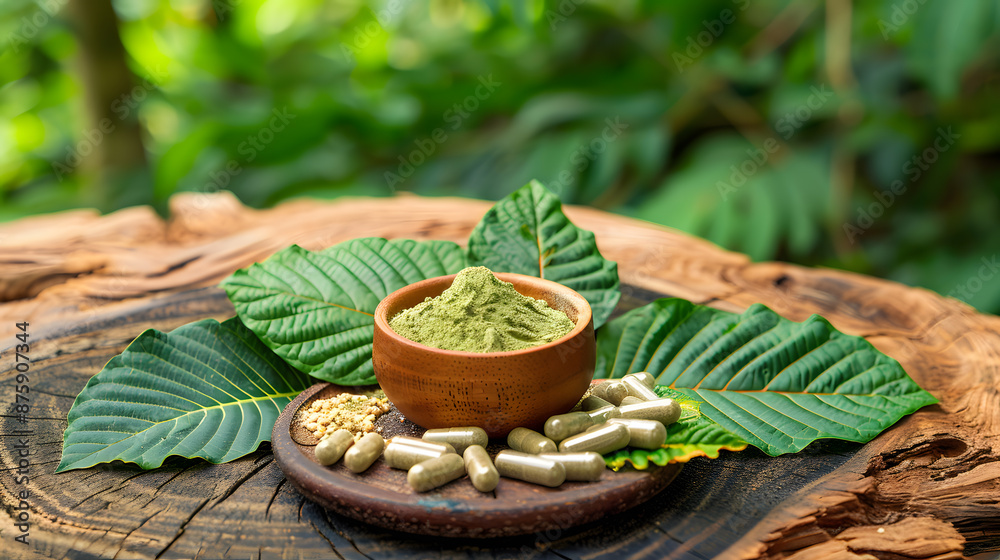 Mitragyna speciosa (kratom) leaves with medicinal products in the form ...