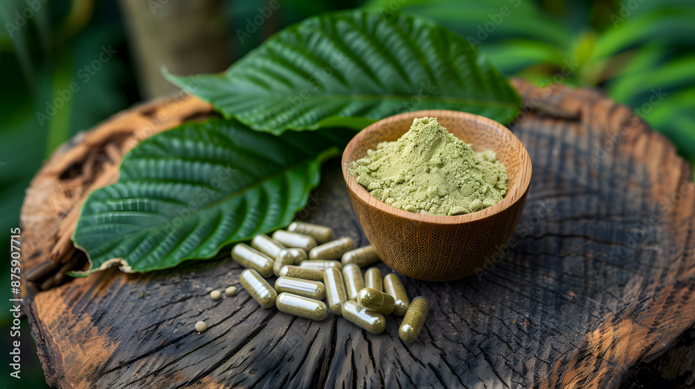 Mitragyna speciosa (kratom) leaves with medicinal products in the form ...