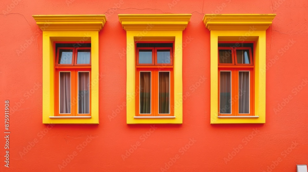 Bright orange residential house exterior with yellow window frames ...
