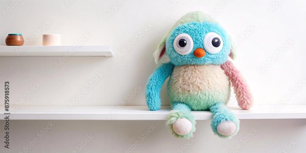 Colorful Plush Monster in Playroom. A vibrant, rainbow-colored plush ...