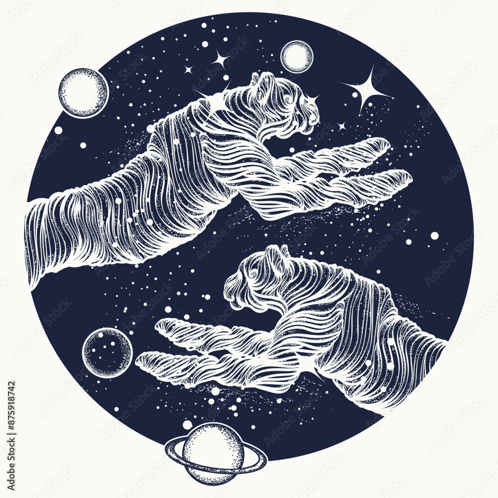 Running tigers in universe. Love tattoo, line art style. Jumping ...