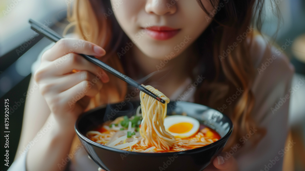 girl eating korean spicy ramen, A pretty Korean girl eating spicy ramen ...