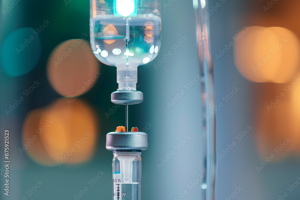 Poster Close up medical intravenous IV drip in hospital background ...