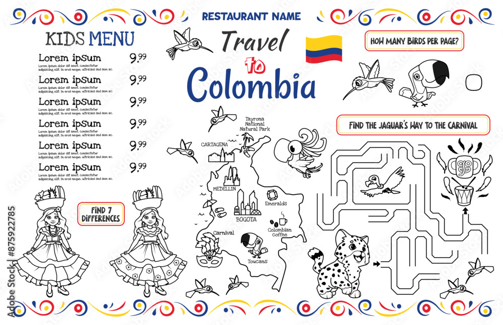 Kids menu for a Colombian restaurant with a map of Colombia and ...