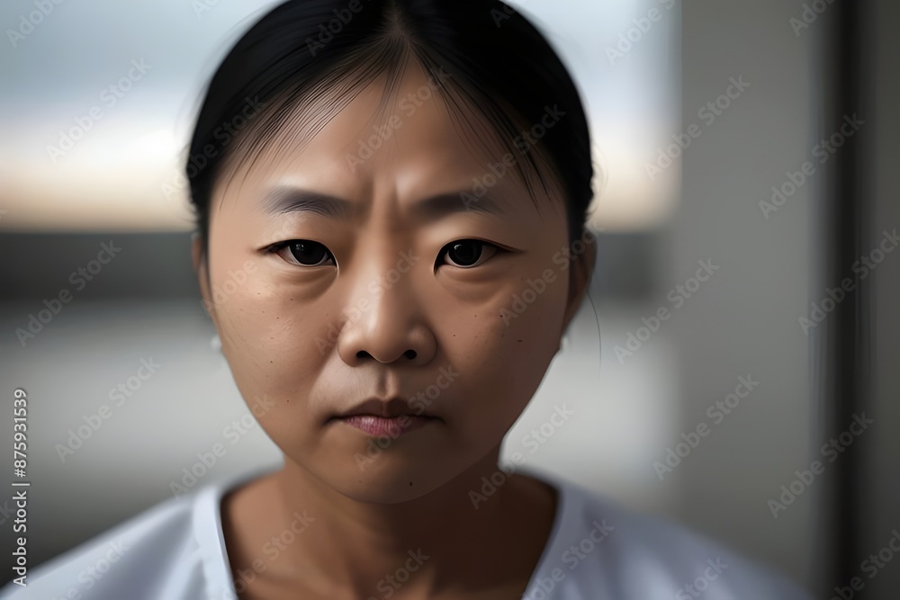 a portrait image of an asian woman in prison, jail, sadness in her eyes ...