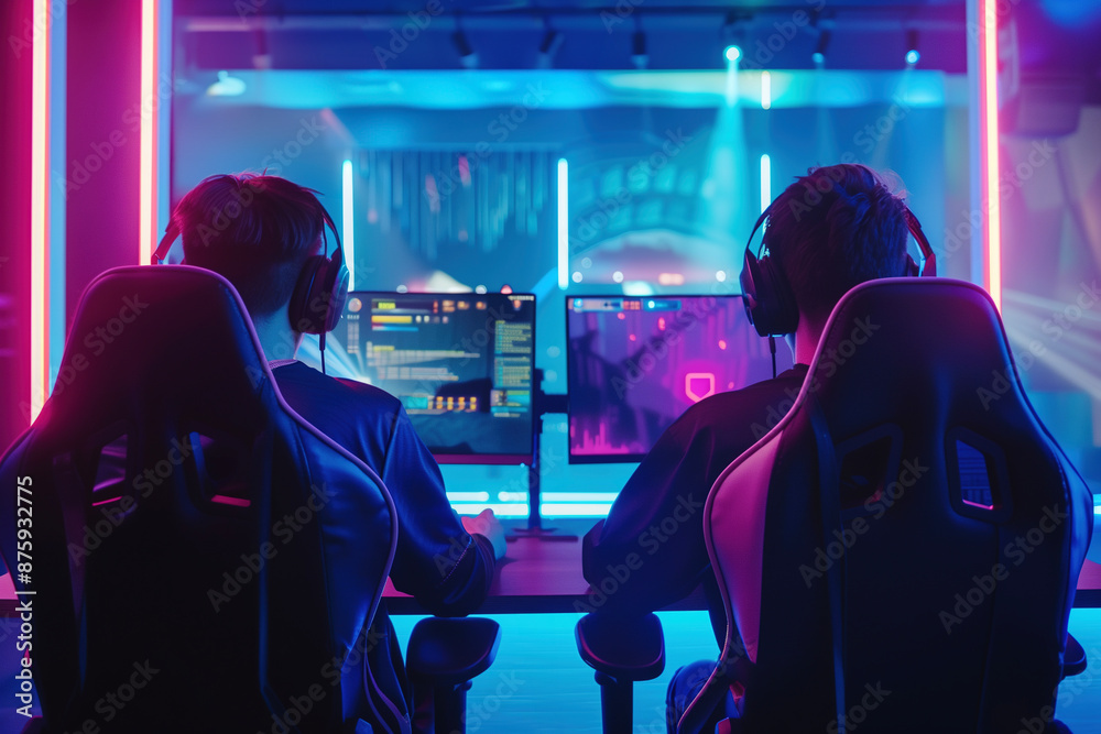 Two professional gamers intensely focused on their screens, competing ...