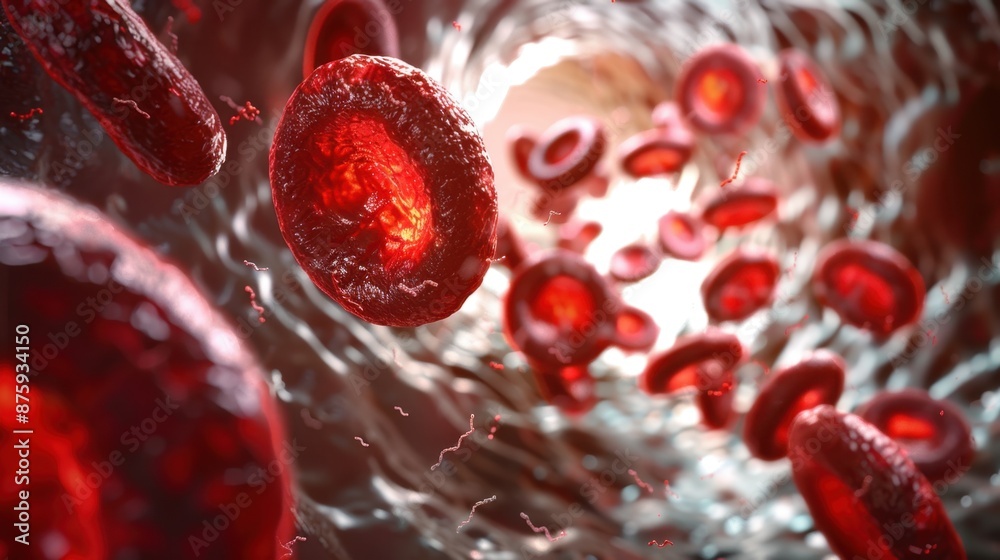 Red blood cells flowing through a blood vessel, illustrating the ...