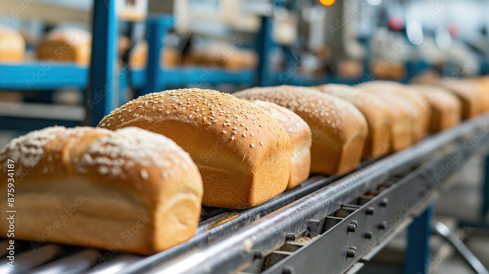bread on conveyor belt rollers or production line, automated industrial ...
