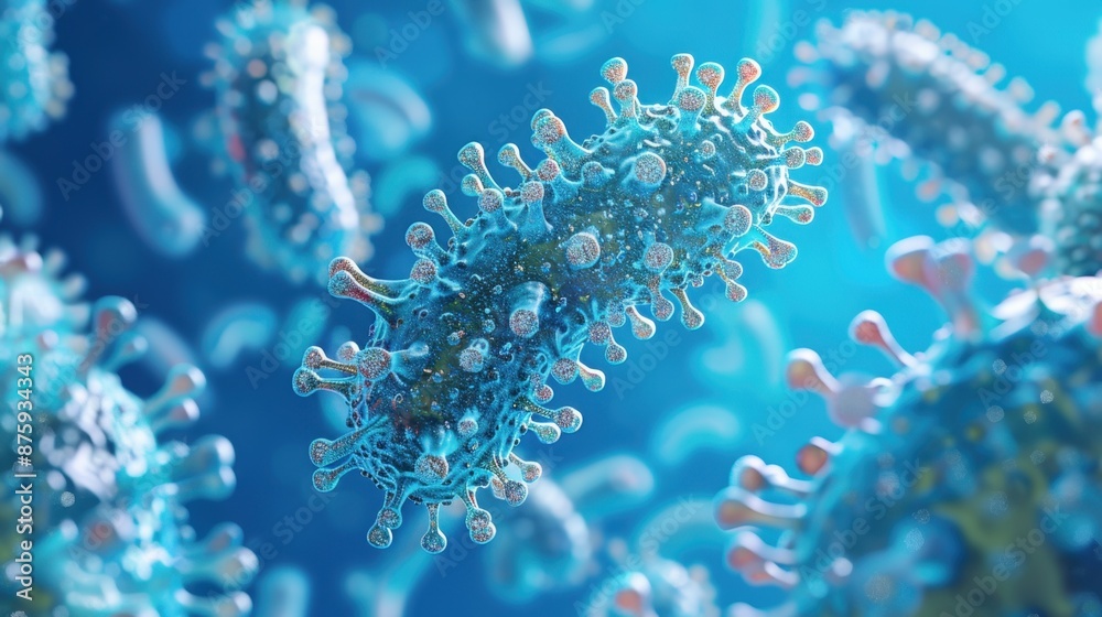 Large groups of germs with blue background, 3d rendering. Swirling ...