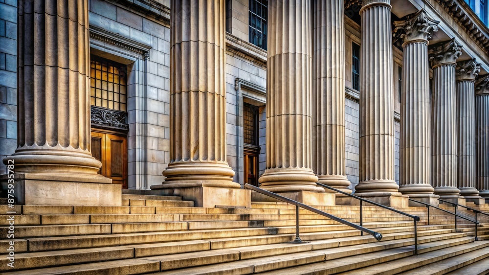 Stone colonnade and stairs detail. Classical pillars row in a building ...