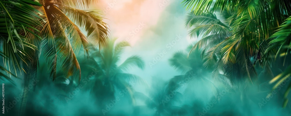 Vintage Tropical Island Scene with Coconut Trees and Misty Atmosphere ...