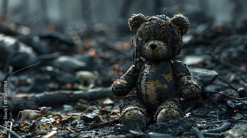 Teddy bear burned destruction of an aftermath war conflict very ...