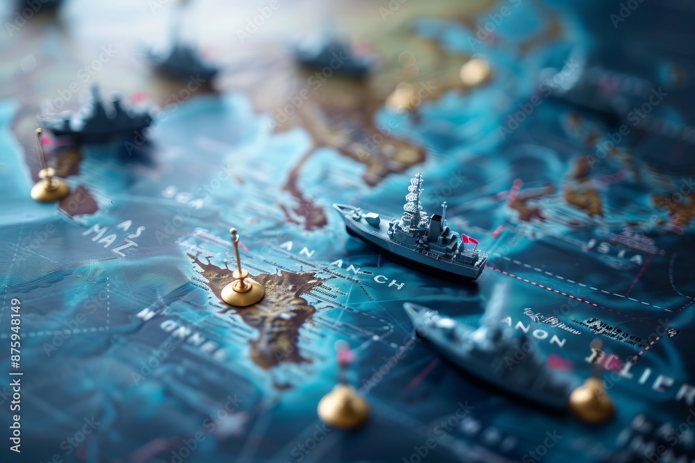 Strategic naval battle game with miniature ships on a world map ...