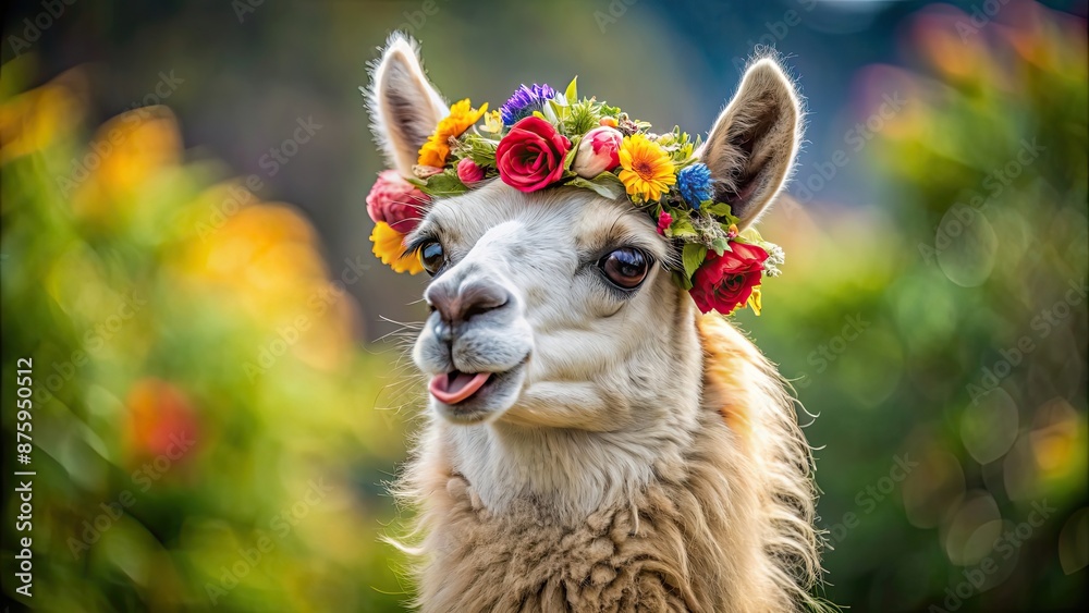 Playful llama with flower crown sticking out tongue, llama, flower ...