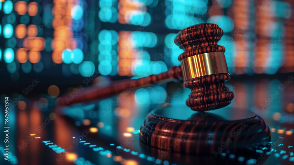 Digital judge hammer data center background. Judicial duality digital ...