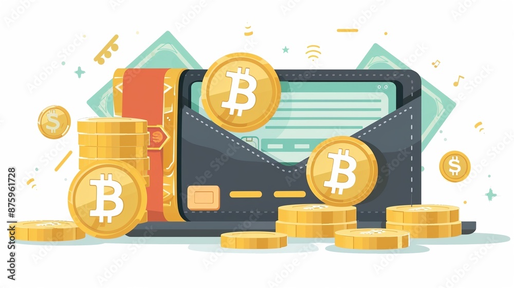 Digital wallet and coins clipart, flat vector art, secure transaction ...