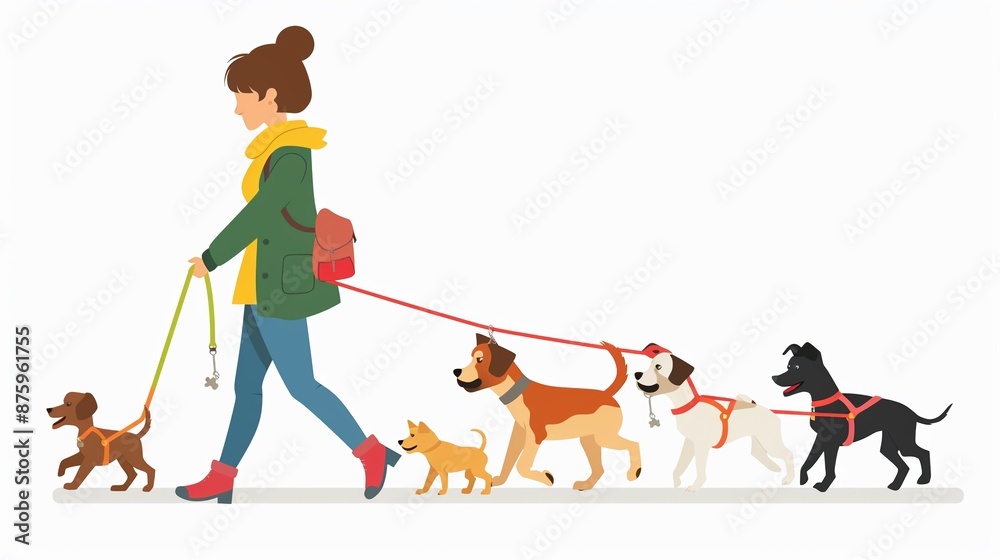 Dog walker with playful pups clipart, flat vector art, pet care, simple ...