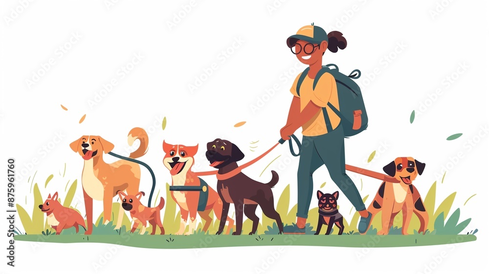 Dog walker with playful pups clipart, flat vector art, pet care, simple ...