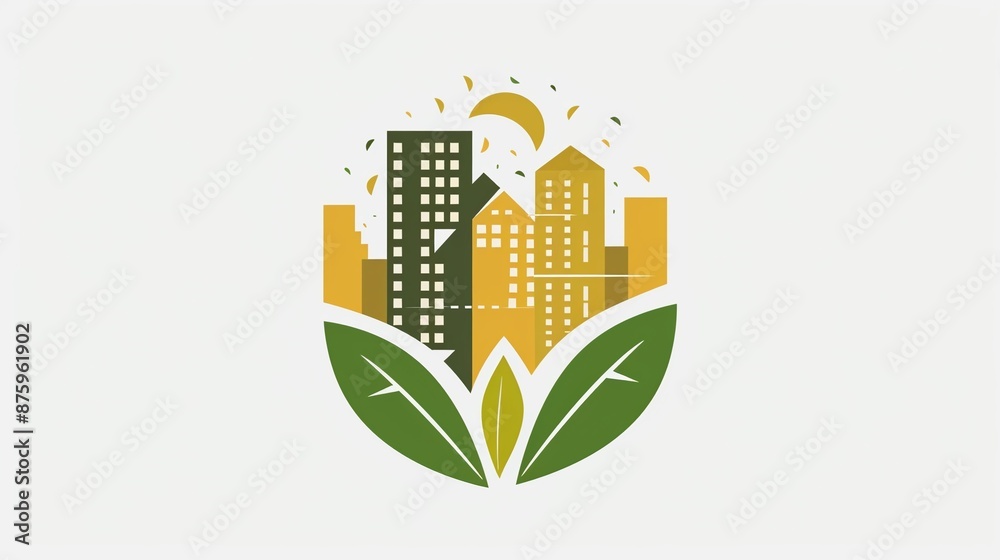 Eco business logo clipart, leaf and building, flat art, simple cartoon ...