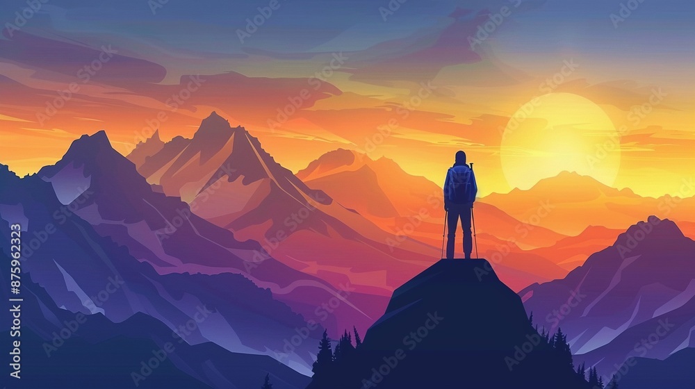 Epic mountain hiking adventure clipart, sunrise view, flat vector art ...