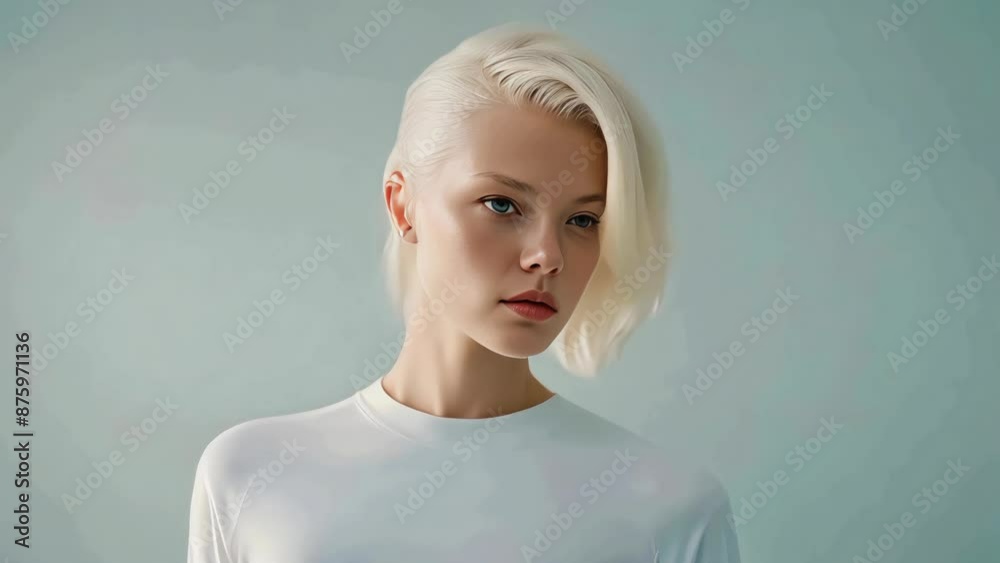 Elegant albino teen girl in white shirt against a white studio backdrop ...