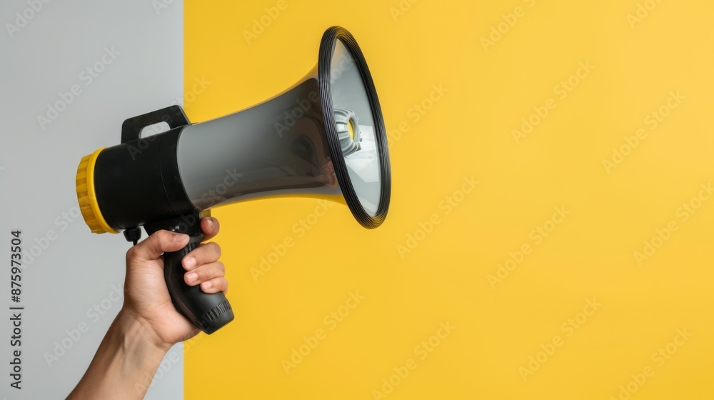 Hand holding small megaphone isolated white background studio photo ...