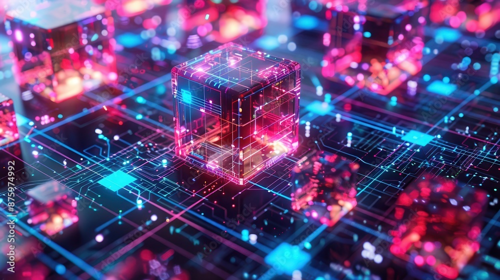 Hyper realistic vintage computer, interconnected blocks, pixelated ...