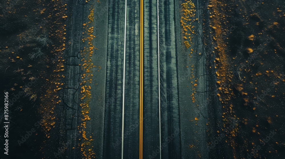 Foto de A top view of a straight road segment dark asphalt with perfect ...