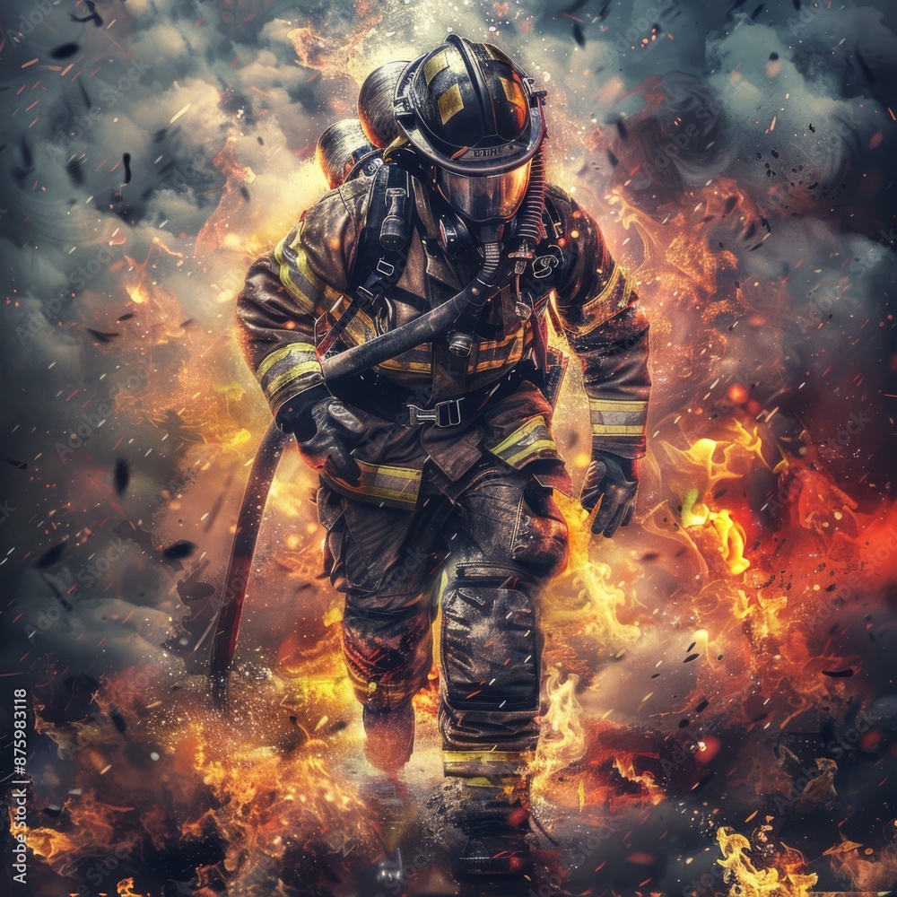 A hero poster of a firefighter showcasing their bravery and strength ...