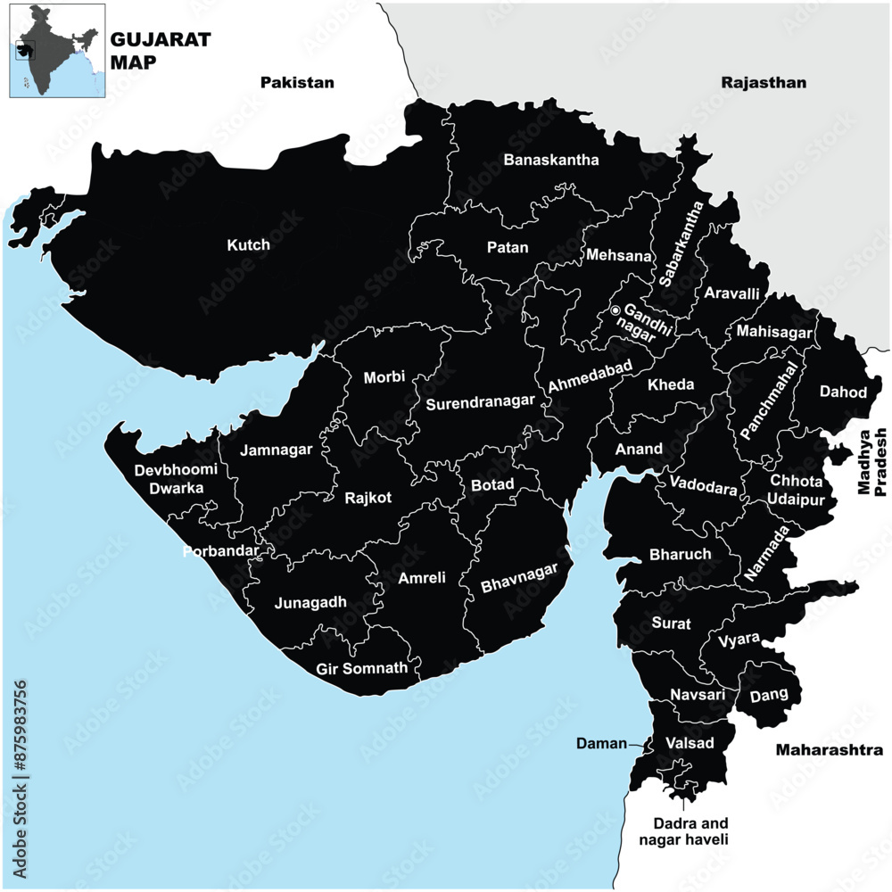 Detailed Silhouette vector Illustration of Gujarat map State and ...