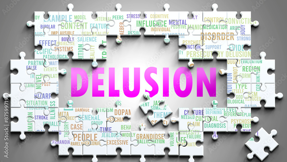 Delusion as a complex subject, related to important topics. Pictured as a puzzle and a word ...