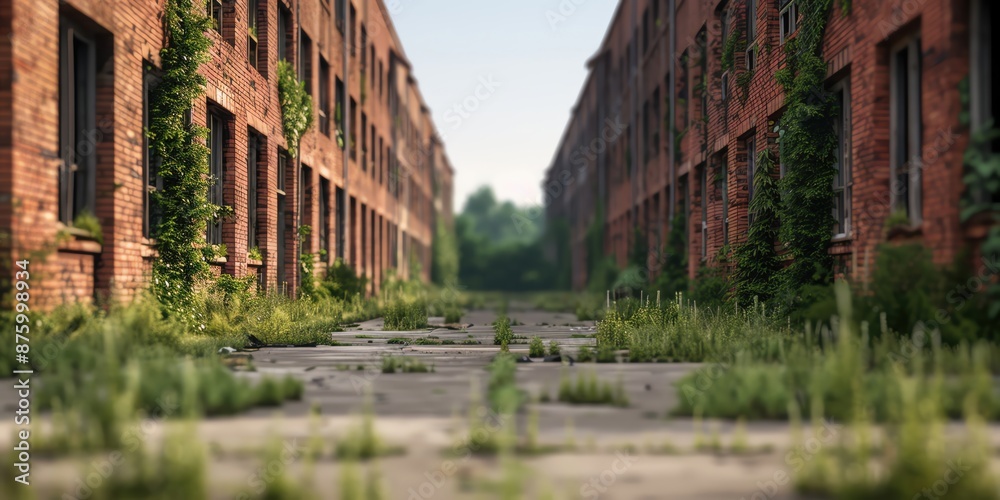 Overgrown brick buildings with a narrow path in the middle. Stock Photo ...