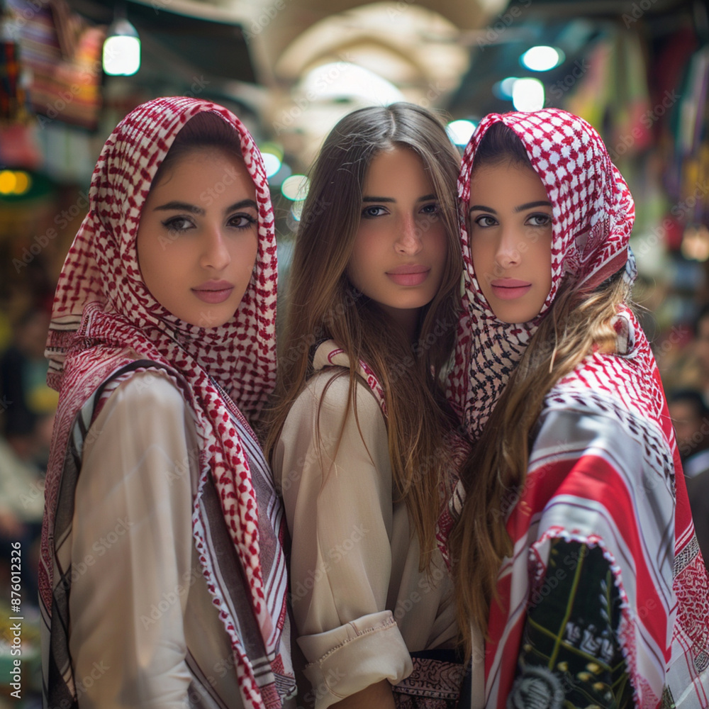 three arabic female models wearing Palestinian keffiyehs with a red and ...