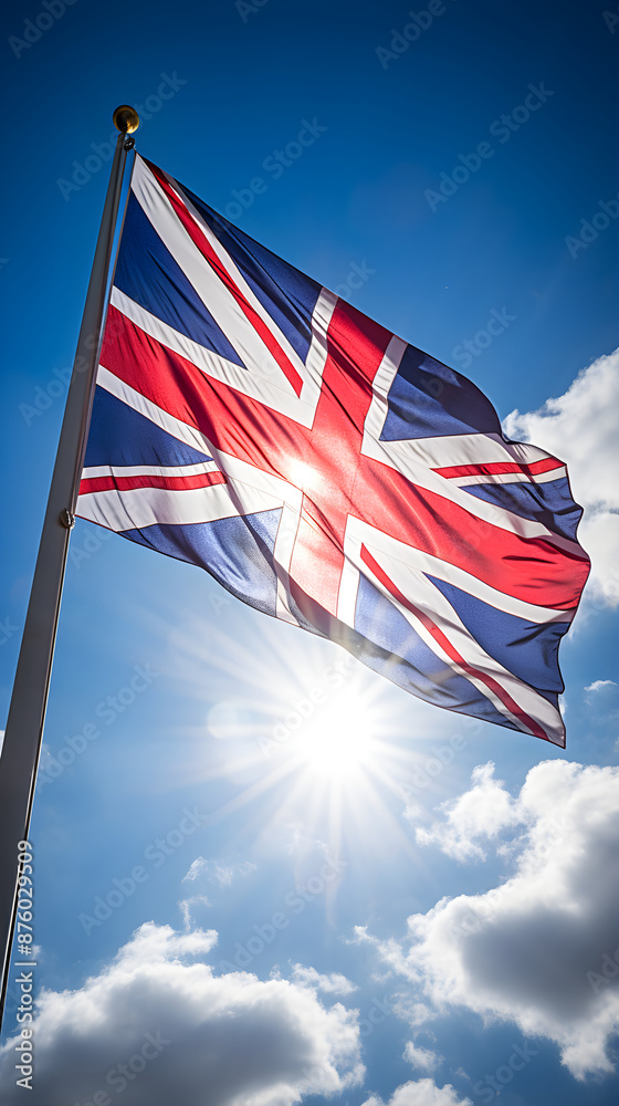 Iconic British Union Jack Flag Fluttering Against Clear Blue Sky - A ...