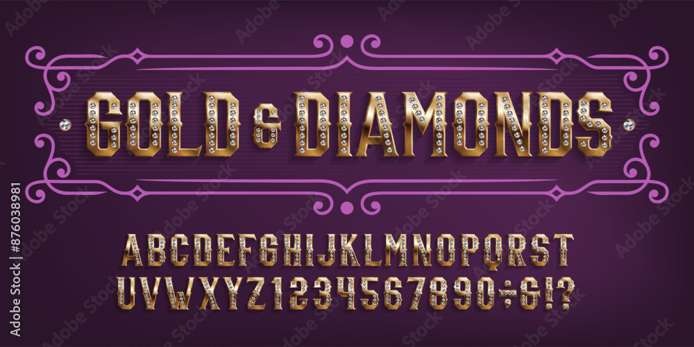 Gold And Diamonds alphabet font. 3d golden letters and numbers with ...