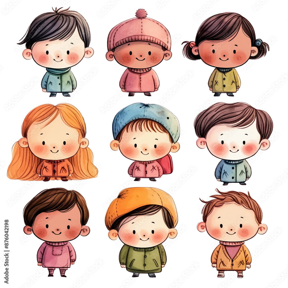 Collection of cute cartoon little kids, isolated clipart on a white ...