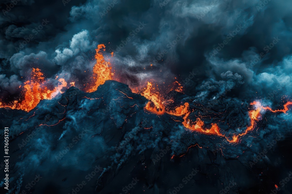 dramatic volcanic eruption border fiery lava contrasting with billowing ...