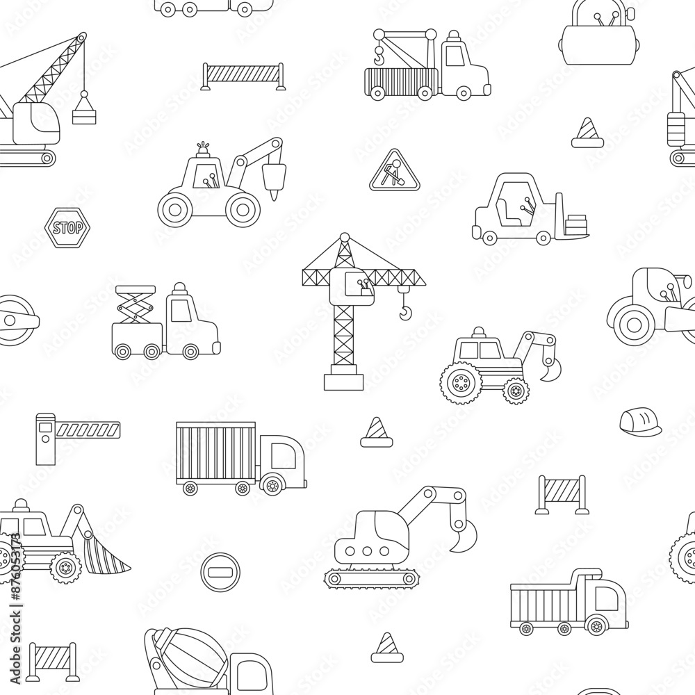 Vector black and white special transport seamless pattern. Construction ...