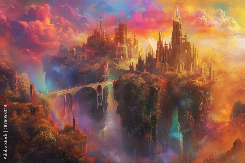 enchanted fairy tale castle soaring iridescent spires magical floating ...