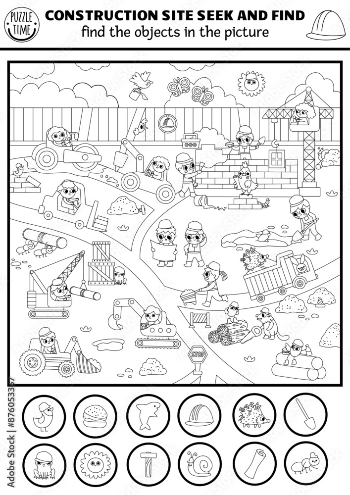 Construction site vector searching game with building works landscape ...