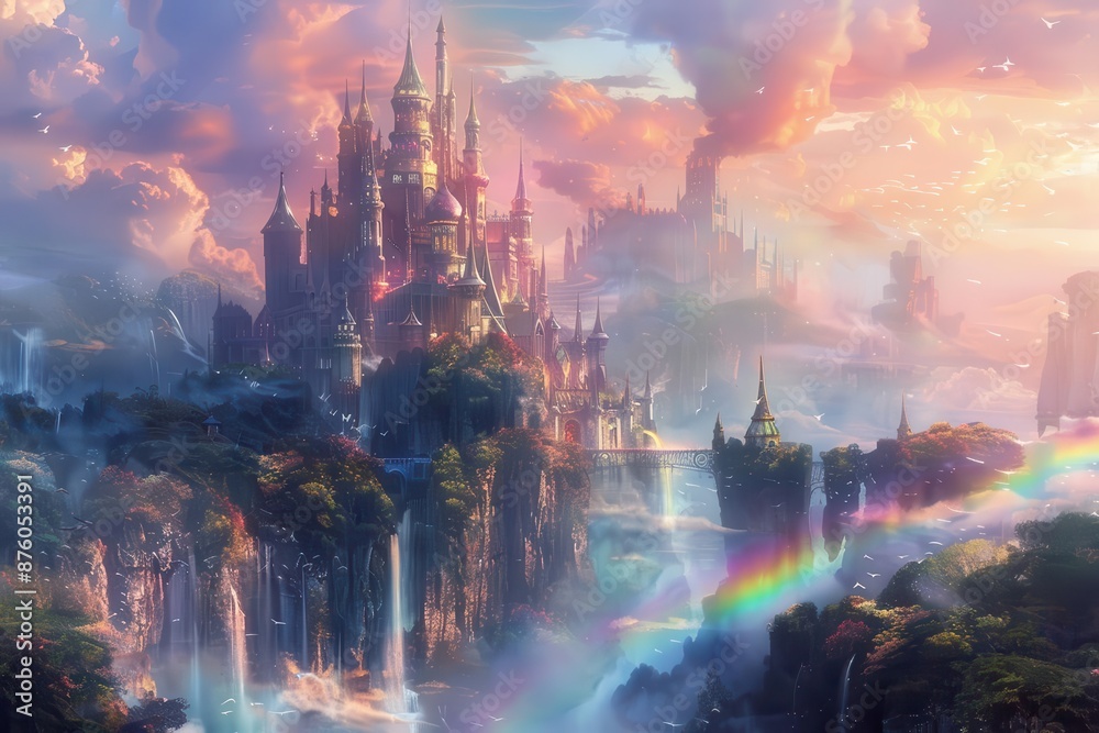 enchanted fairy tale castle soaring iridescent spires magical floating ...