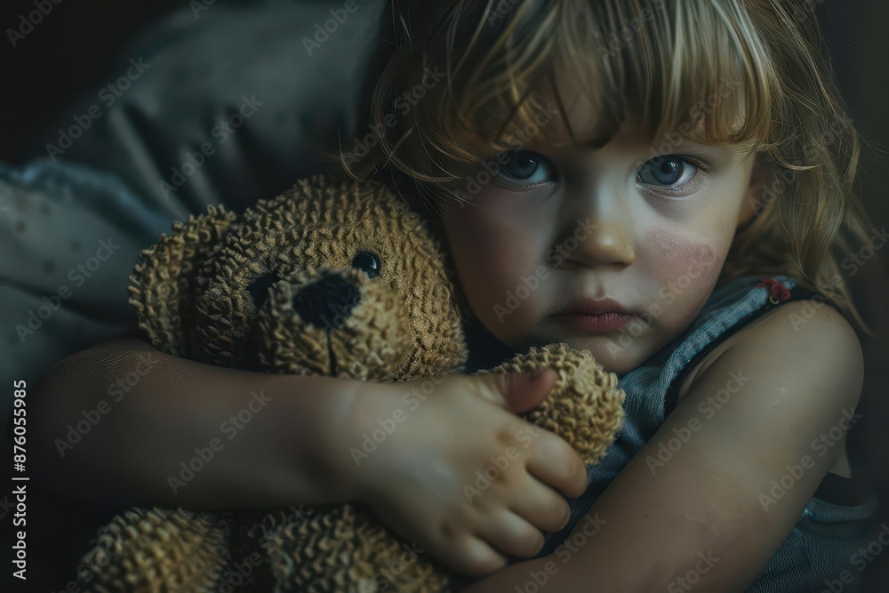 forlorn child hugging worn teddy bear in dimly lit room soft shadows accentuate downcast eyes ...