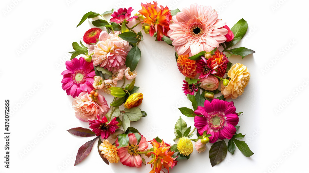 Floral alphabet "O" made from fresh flowers and leaves. You can create ...