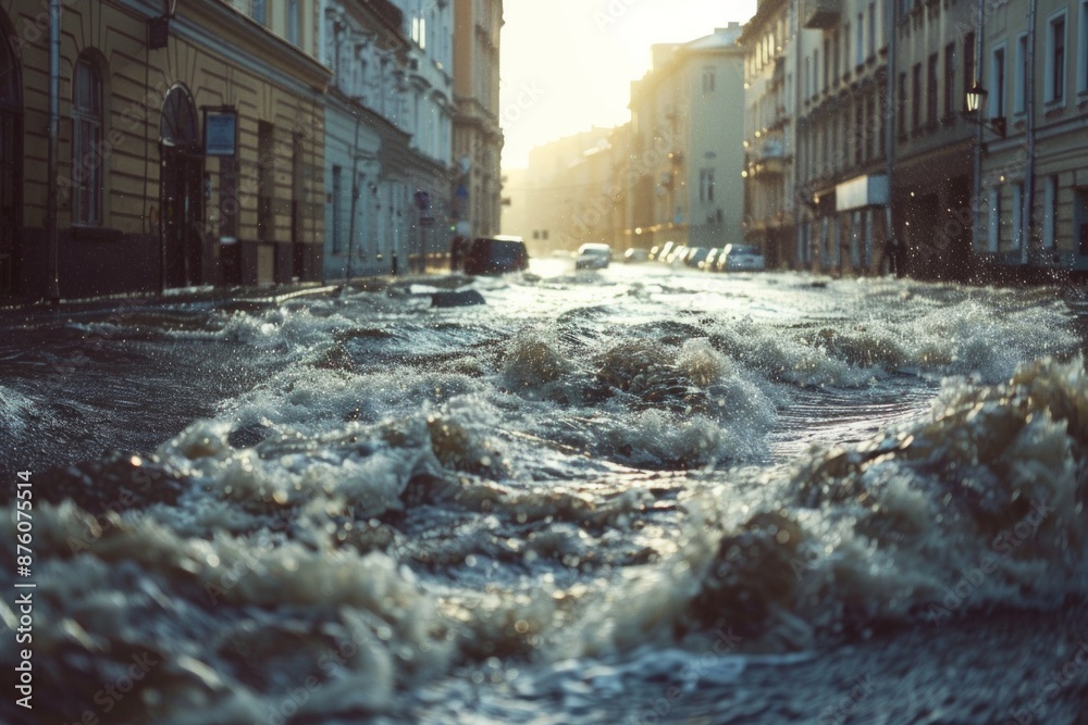 An urban street is overwhelmed by a heavy flood with fast-moving water ...