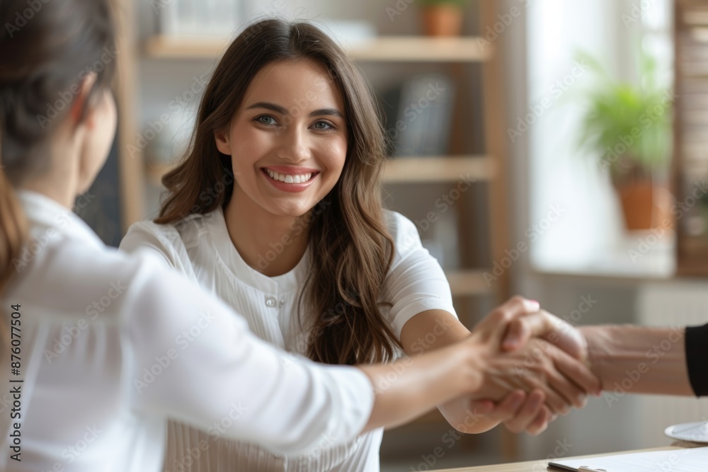 Caucasian female hr manager handshake hire male candidate at job ...