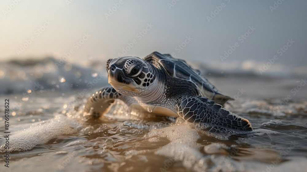 Baby sea turtle emerging from foamy waves on sandy beach, beginning its ...