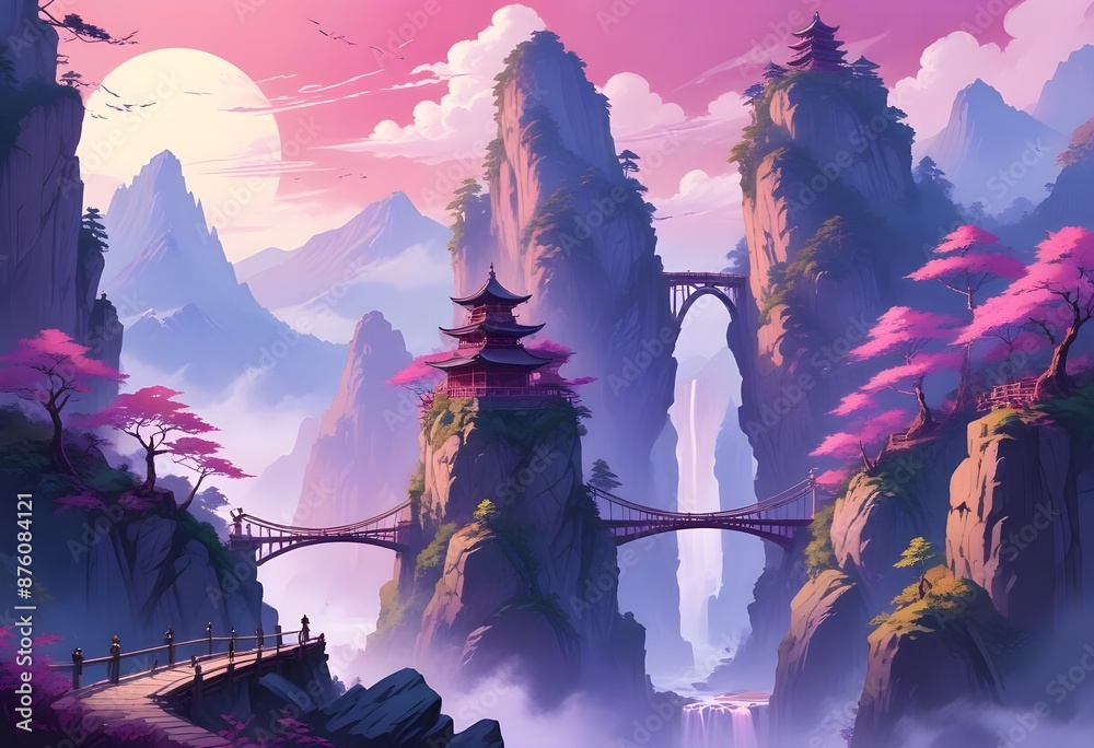 amine painting, A fantasy landscape with a suspension bridge connecting ...